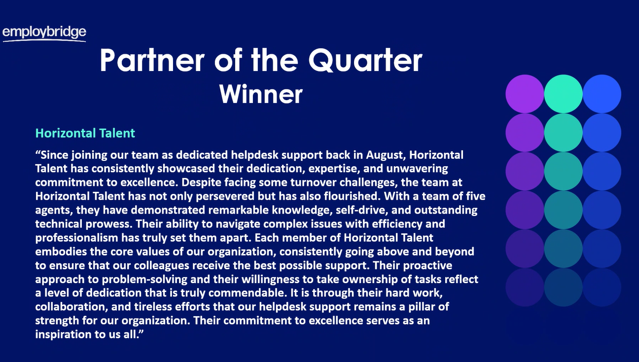 Horizontal Talent wins “Partner of the Quarter” for staffing support at ...